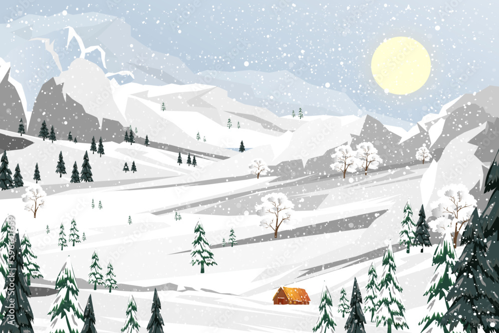Winter forest landscape with covered on frost trees in the snowdrifts ...