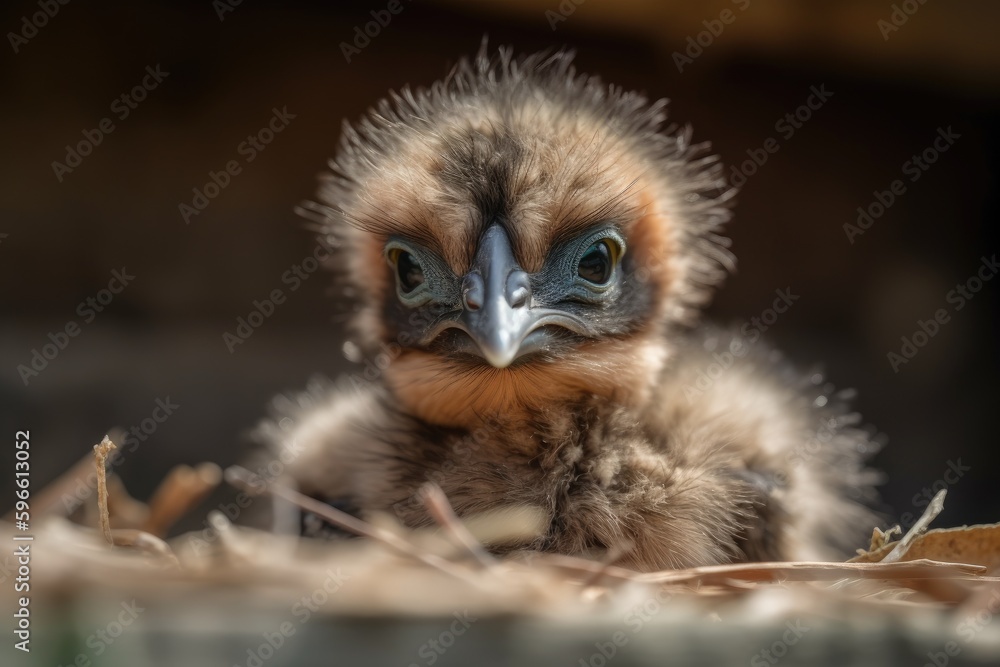 baby bird peeking out of nest, with its beady eyes and fluffy feathers ...