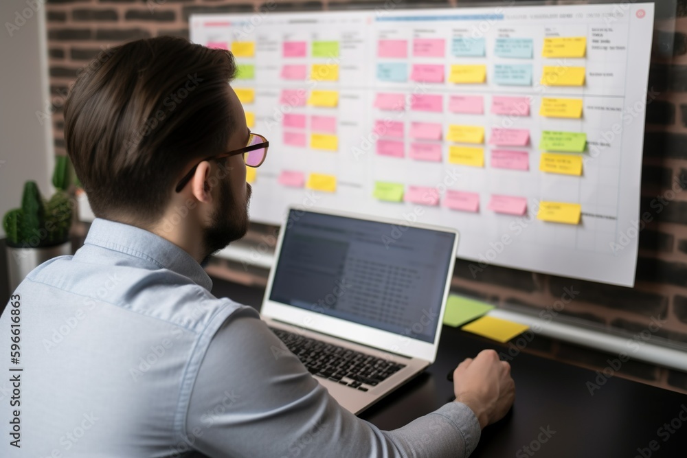 A business developer is using a Kanban board framework on their laptop ...