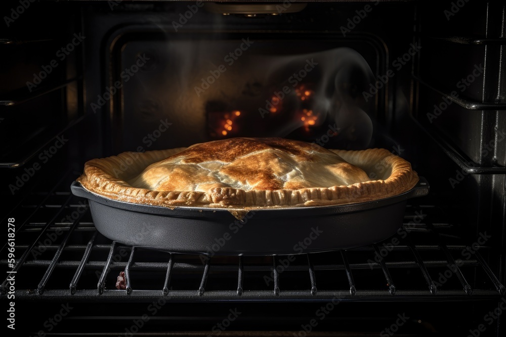 meat pie baking in the oven, with steam rising from its crust, created ...