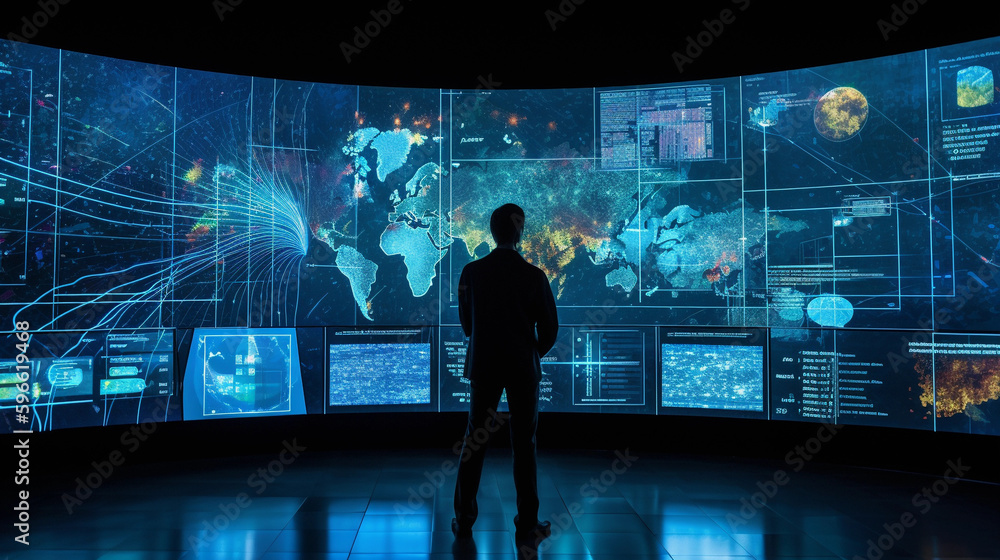 Illustration of a modern security system control room with multiple ...