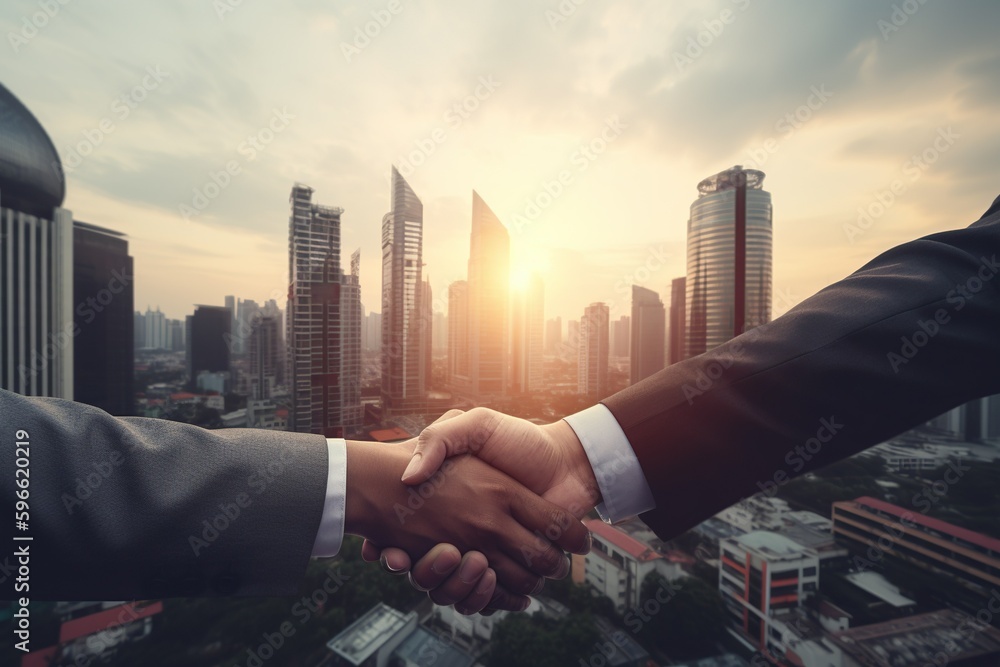Photo & Art Print Businessmen making handshake with buildings in the ...