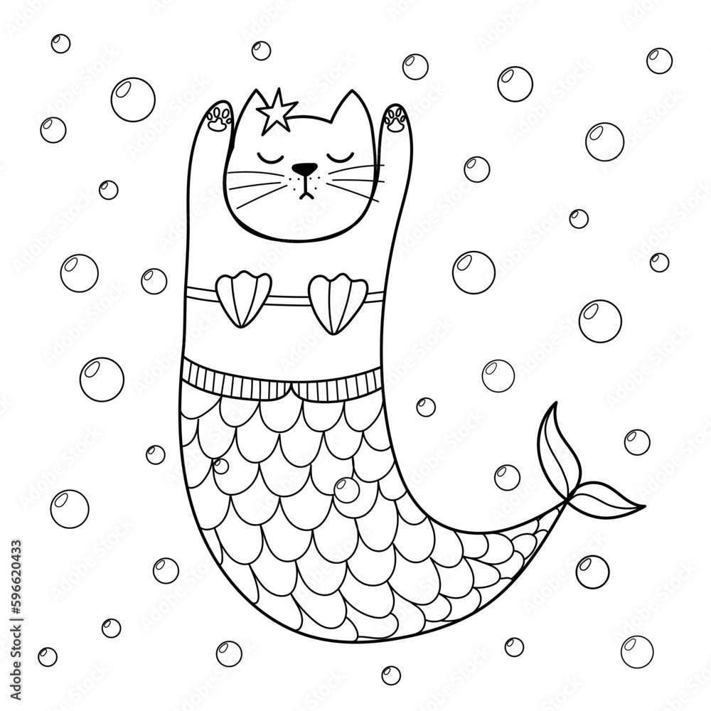 Cute cat mermaid coloring page. Black and white print with a cute ...