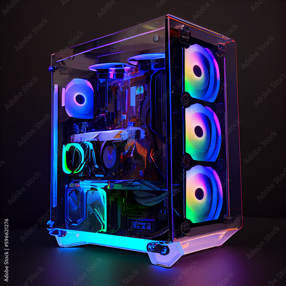 RGB gaming PC case with neon lightrs Stock-Illustration | Adobe Stock