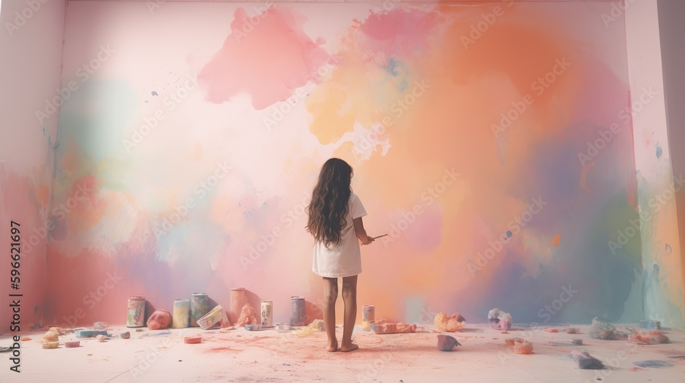 Curly cute little baby girl painting with paint colors and brushes on ...