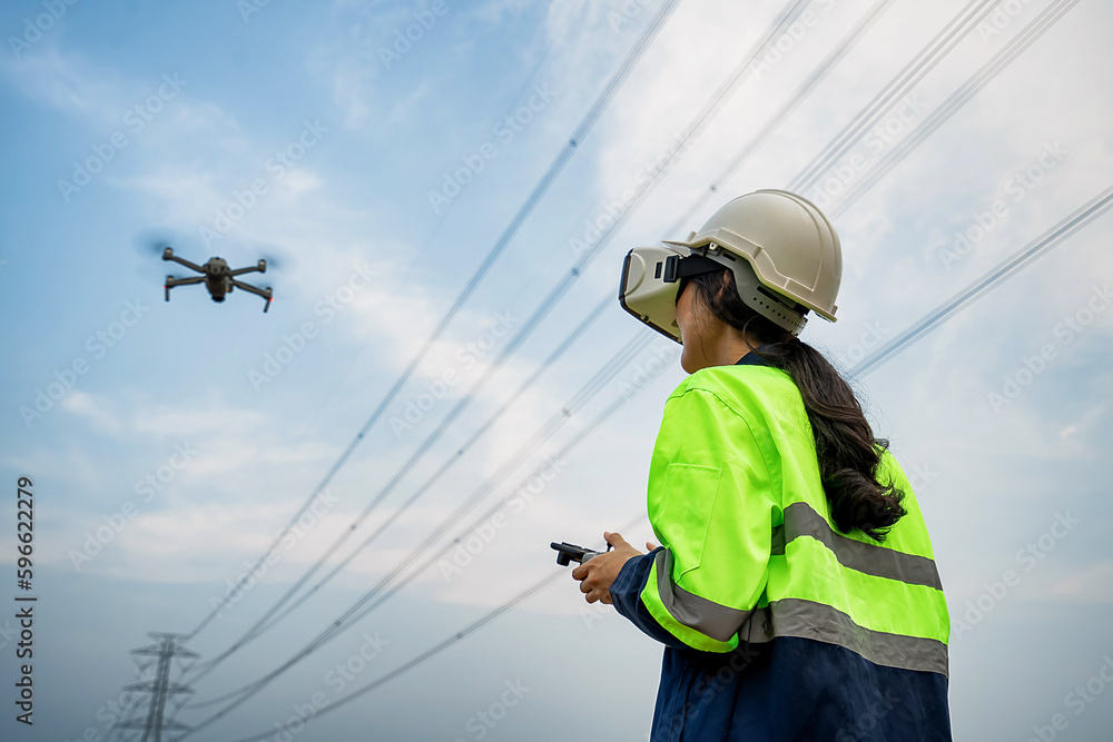 Asian female electrical engineer working inspecting power station near ...