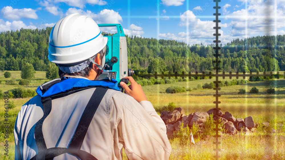 Man surveyor. Guy makes topographic picture nature. Surveyor with his ...