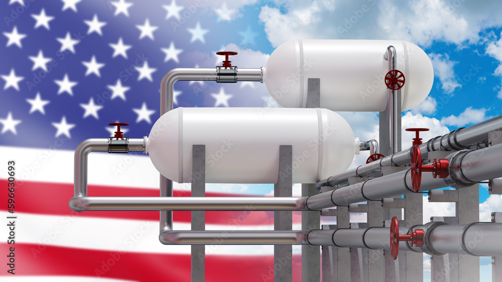 LPG from USA. Station for processing gas into propane. USA flag near ...