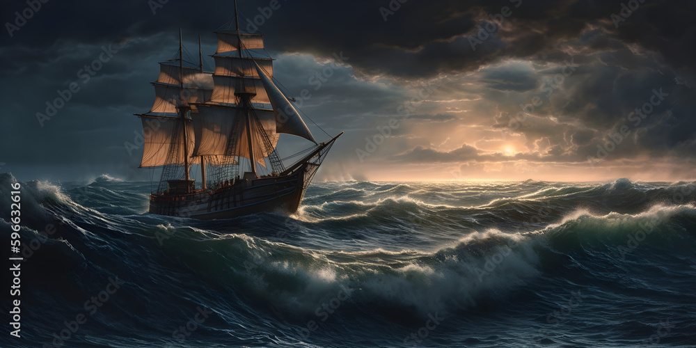 ship in the sea, A real photographic landscape painting with ...