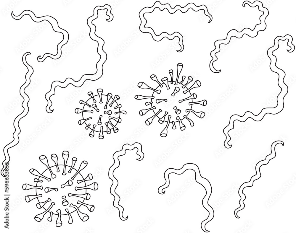 Set of cartoon Borrelia bacillus and Encephalitis virus. Caricature ...