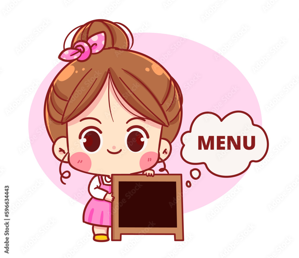 Cute girl with menu sign food restaurant mascot character cartoon logo ...