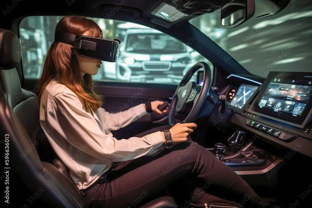 a person in the car with VR driving, augmented reality technology of ...