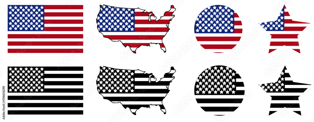 American Flag Illustration in different Shapes | USA Map Flag Stock ...