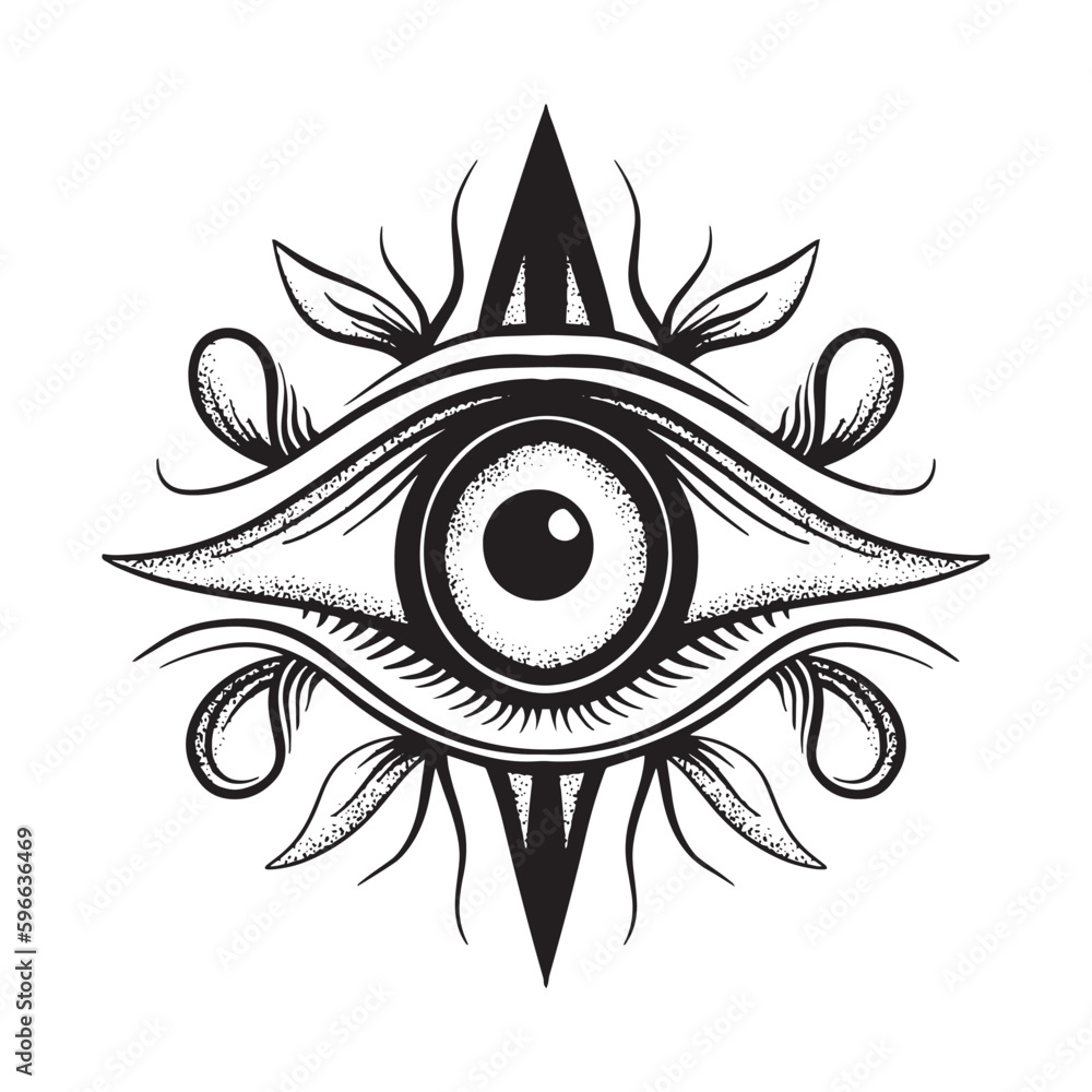 A drawing of an eye with an all seeing eye and a circle with arrows ...