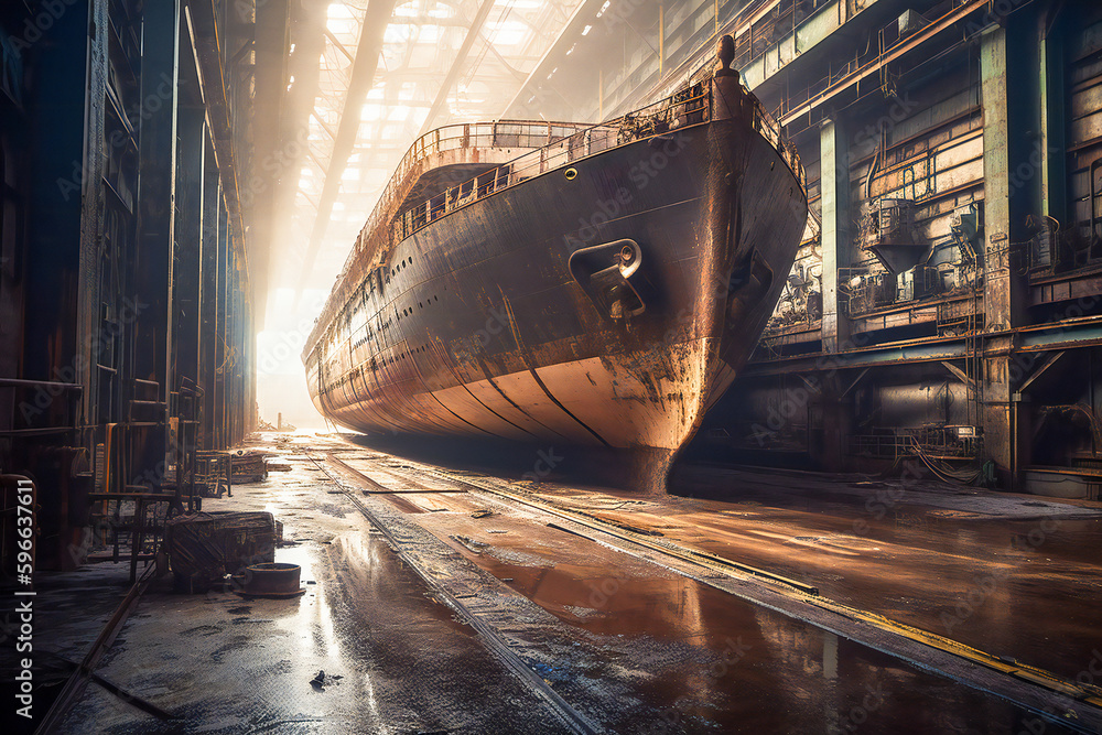 Old rusty ship under repair on dry dock. Created with Generative AI ...