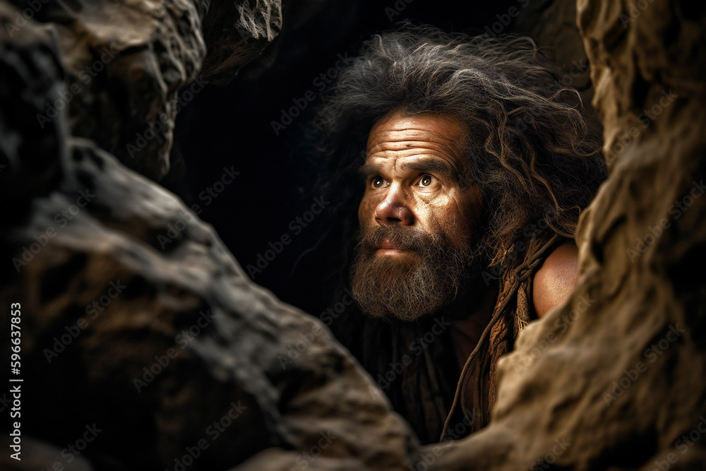 Prehistoric man in a cave. Created with Generative AI technology ...