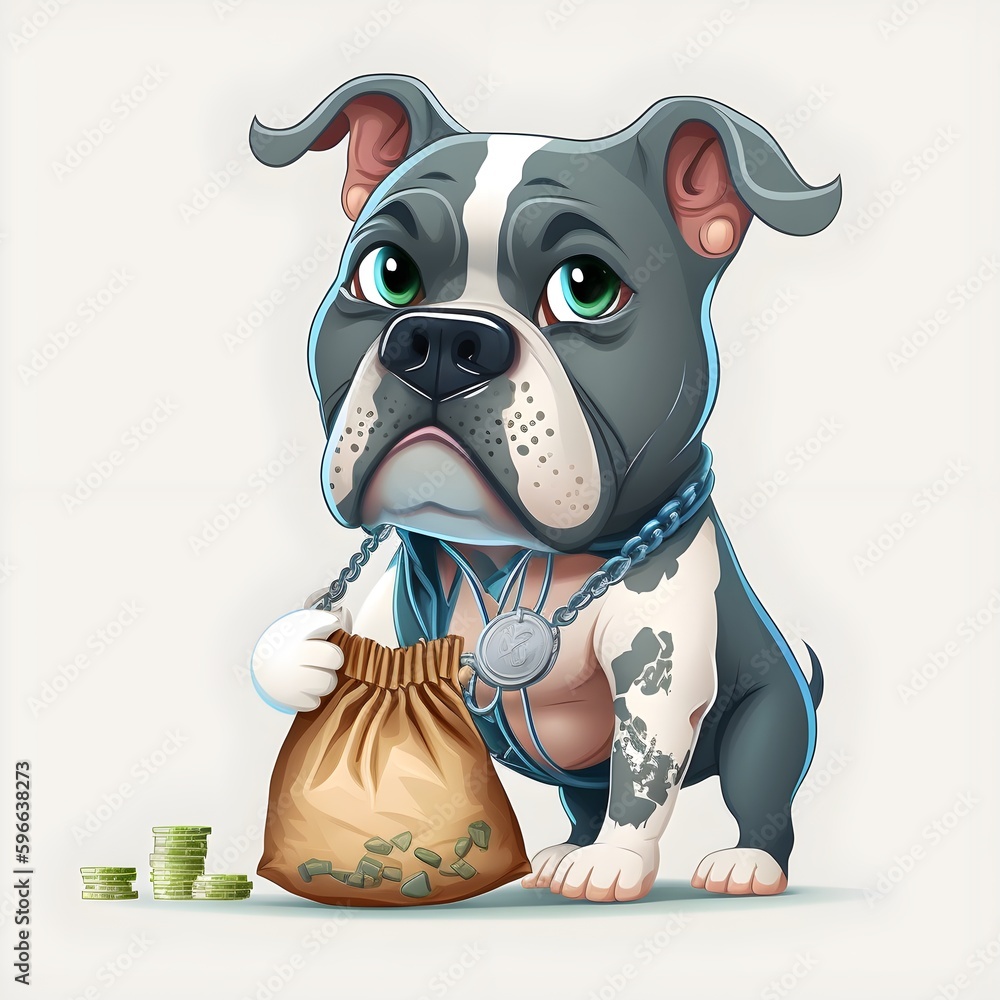 cartoon short nose American bully holding a money bag in its mouth ...