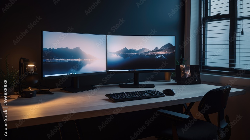 A desktop computer with dual monitors and ergonomic keyboard on a ...