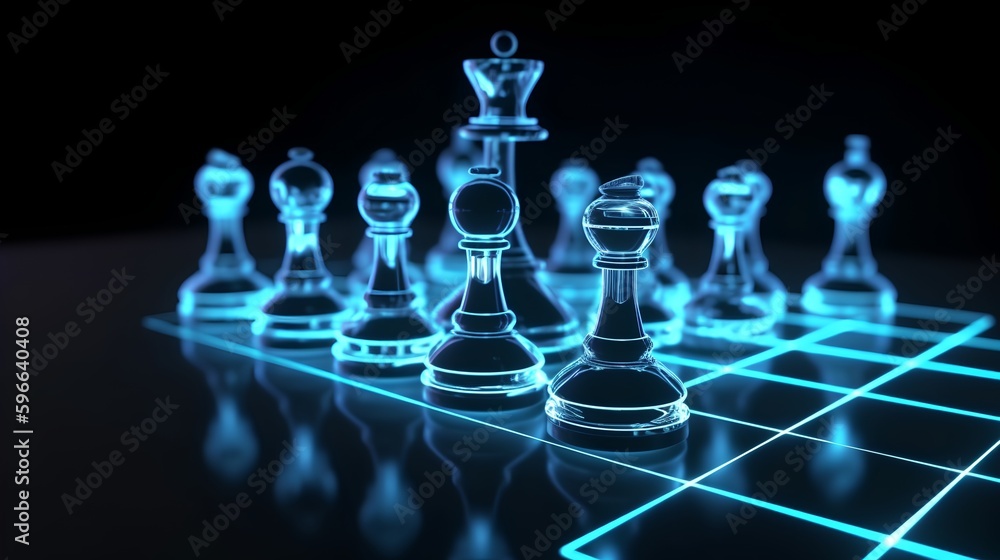 A futuristic AI-driven concept, with holographic chess pieces in a dark ...