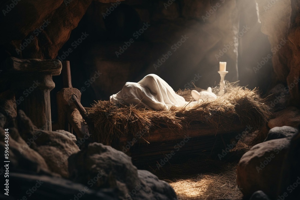 Jesus' story of birth and resurrection depicted through a manger and an ...