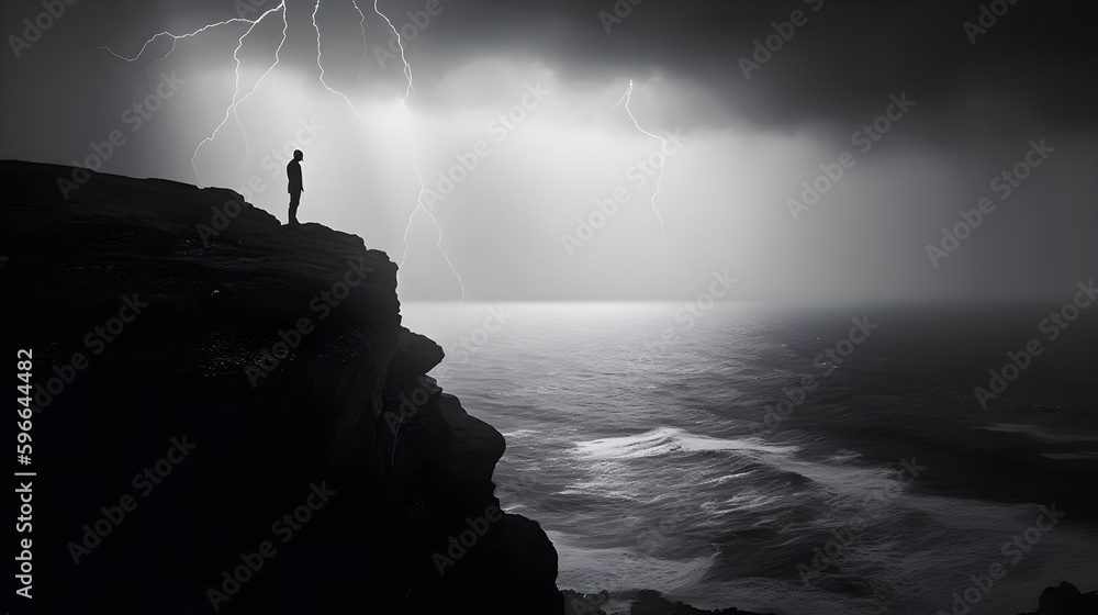 A mysterious figure stands on a cliff edge overlooking a dark, shrouded ...