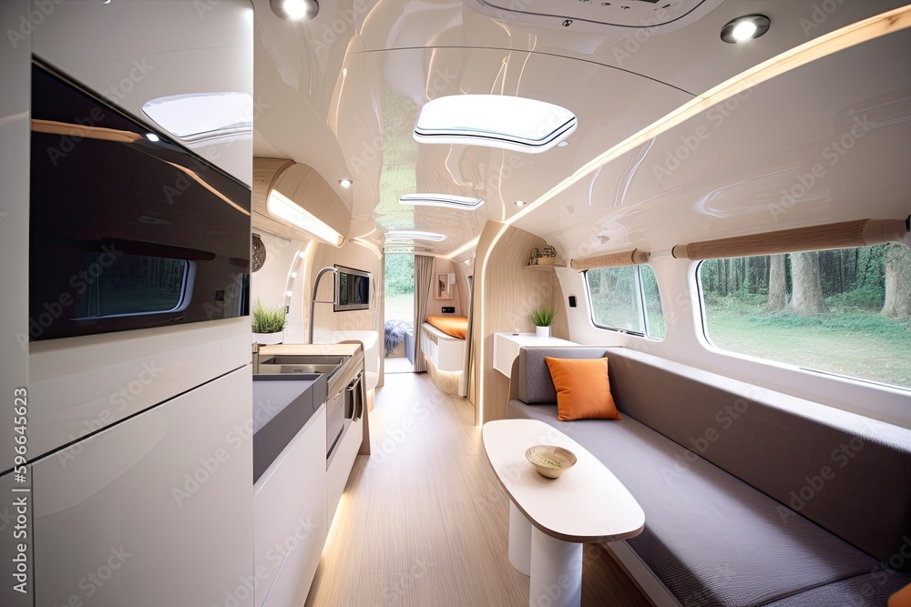 ภาพประกอบสต็อก Modern caravans, trailers, and campers feature stylish ...