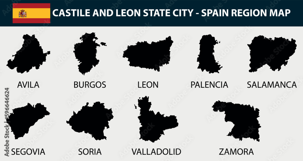 Map of Castile and Leon province set - Spain region outline silhouette ...