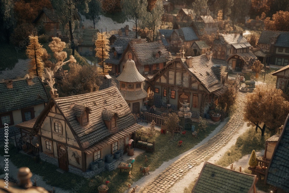 Artistic rendering of a tiny folklore town with cottages and landscape ...