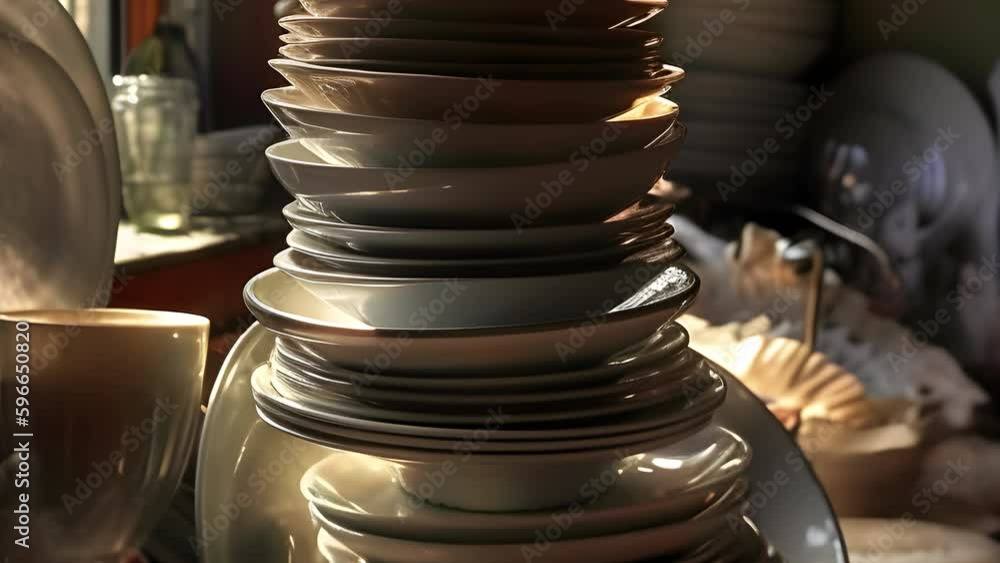 Tall Pile Of Dirty Dishes, Different Sizes And Colors, Slow Motion, Up ...