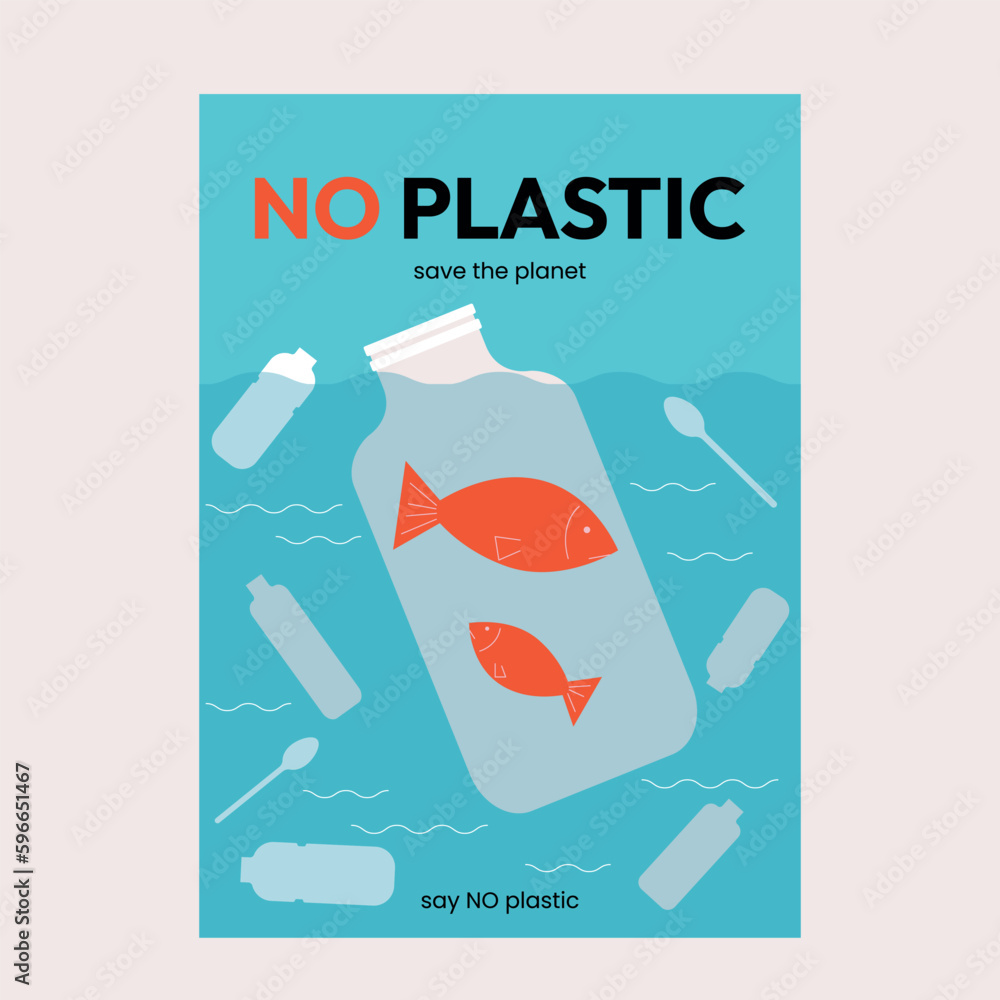 No plastic. Vector flat illustration for World Environment Day. sea ...
