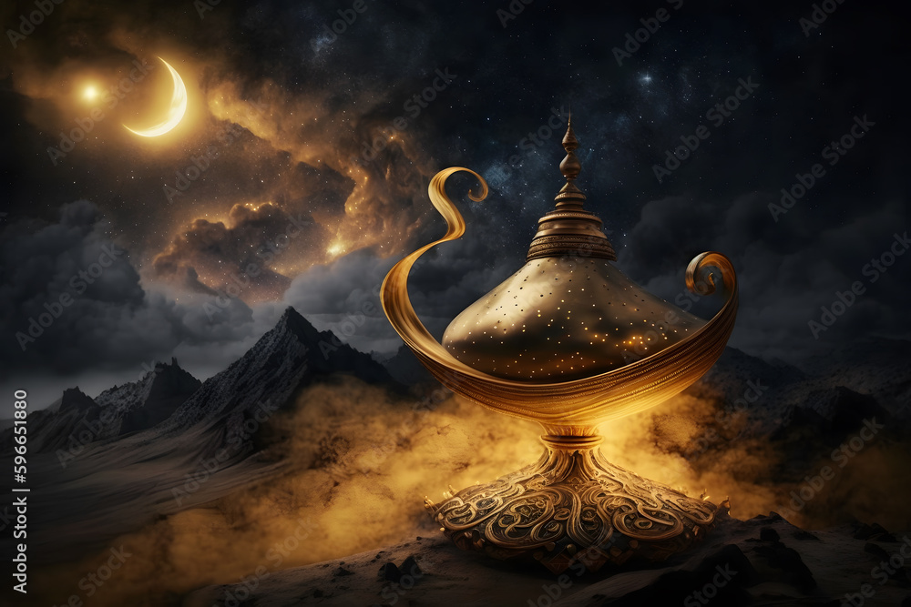 Lamp of Wishes In The Desert - Genie Coming Out Of The Bottle. Neural ...