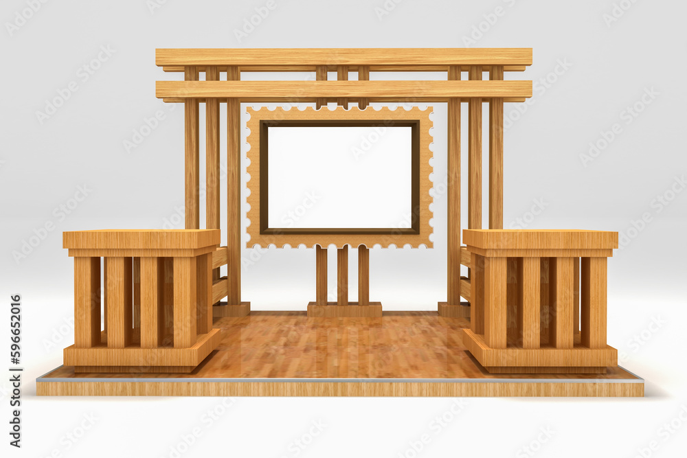 3d illustration stand booth wood texture pillar construction with table ...