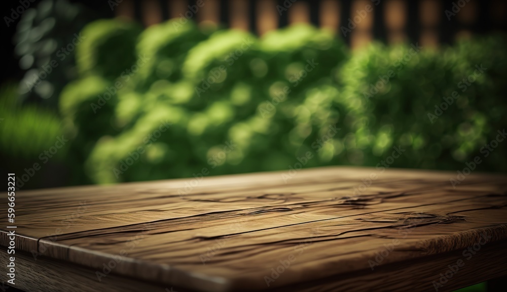 Empty wooden table with free space and nature background, green field ...