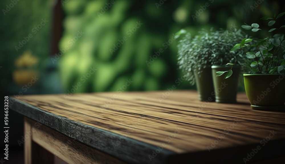 Empty wooden table with free space and nature background, green field ...