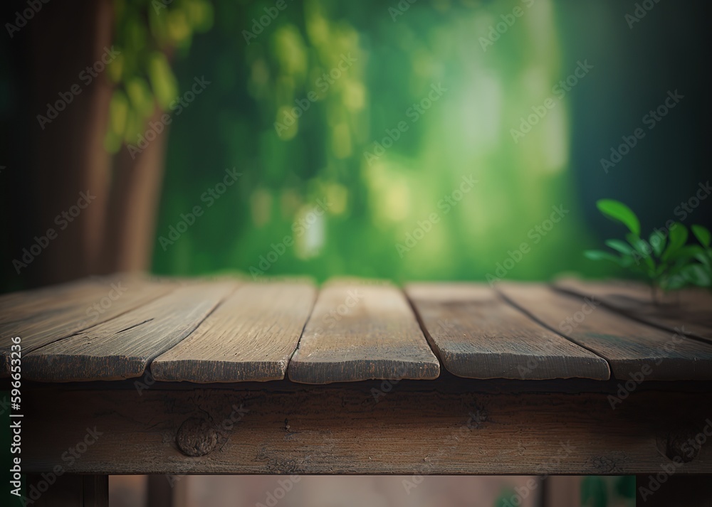 Empty wooden table with free space and nature background, green field ...