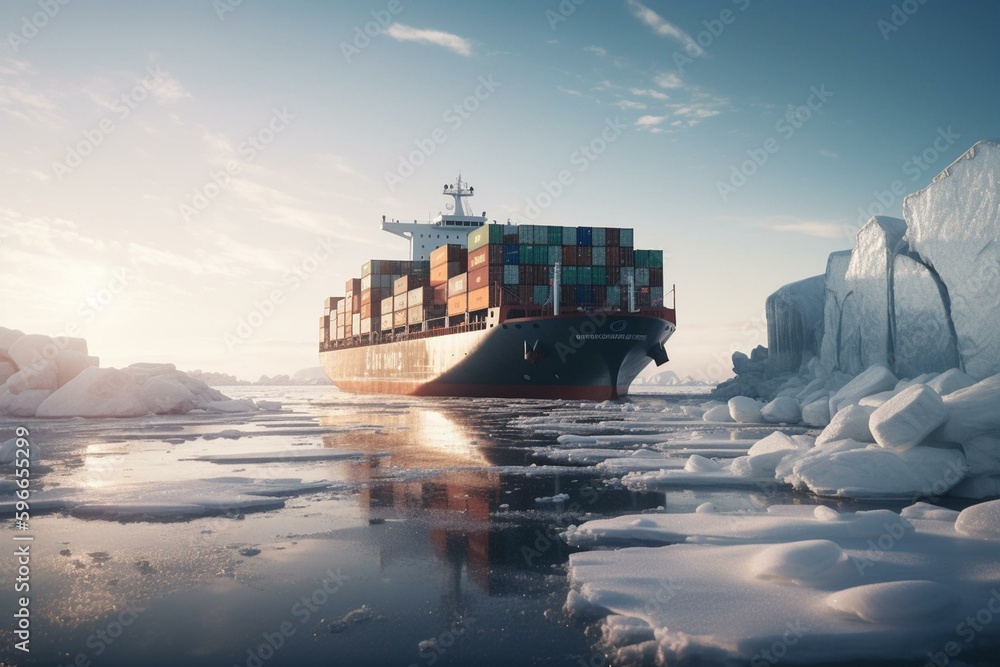 Illustration of container ship stuck in frozen sea ice representing ...