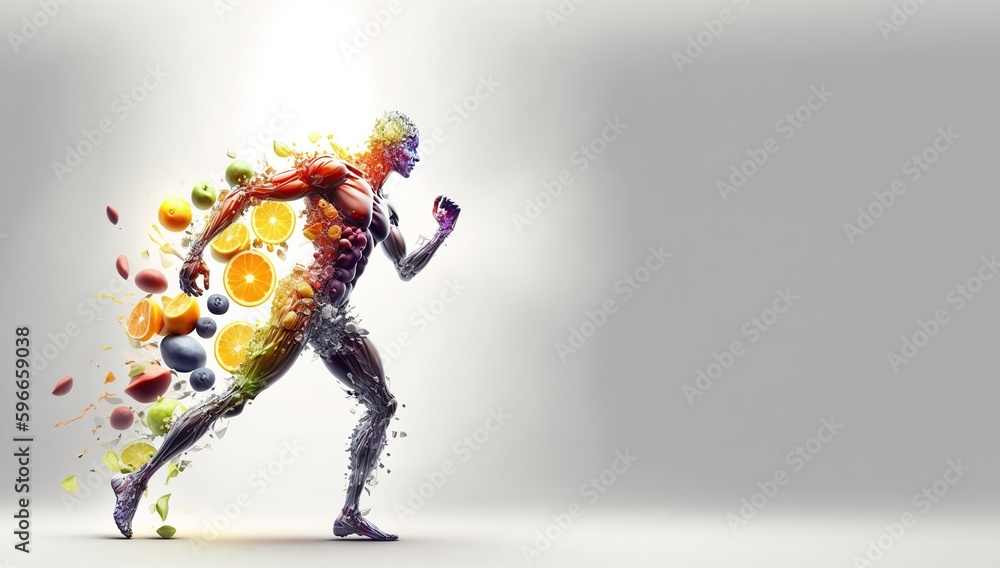 A man running with a lot of energy. Fruit forming a human body ...