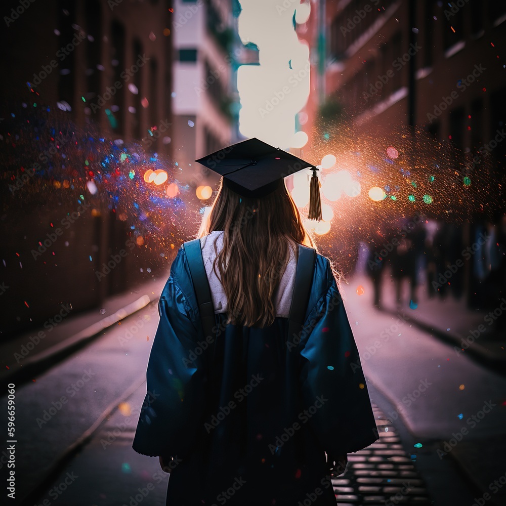A woman in a graduation cap and gown walks down a street with confetti ...