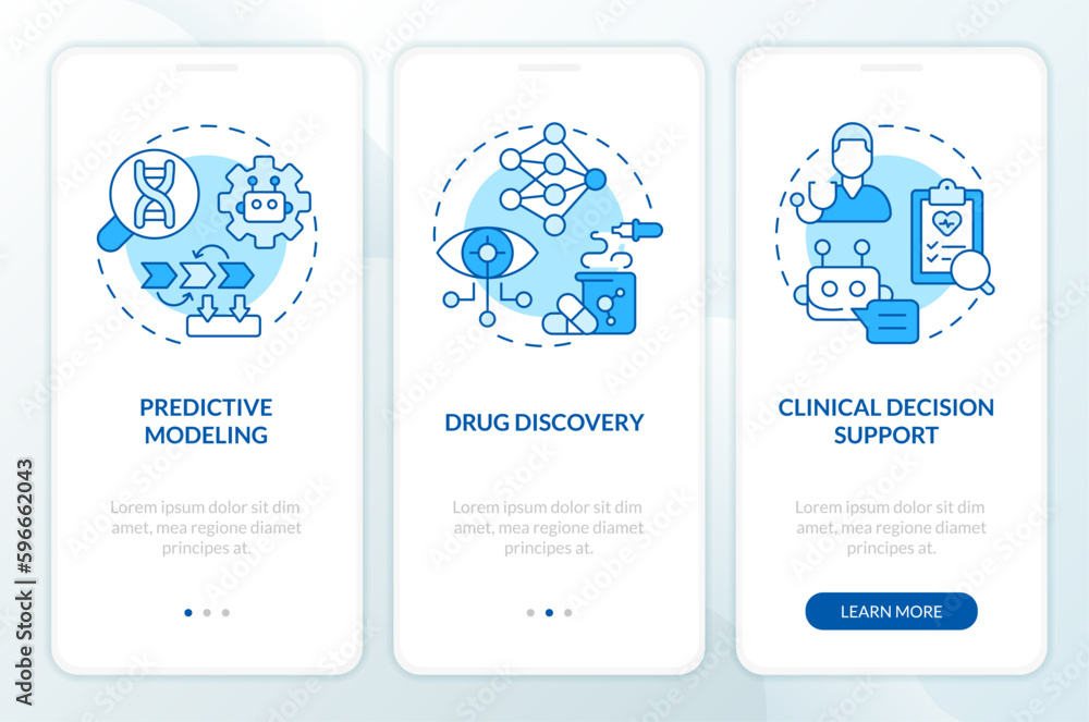 Ai And Ml In Precision Medicine Blue Onboarding Mobile App Screen Walkthrough 3 Steps Editable