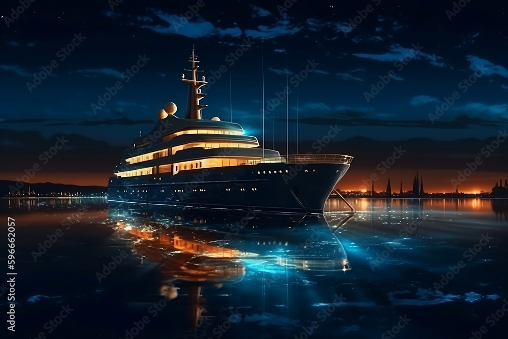 illustration of superyacht on water at night, A luxury yacht is ...
