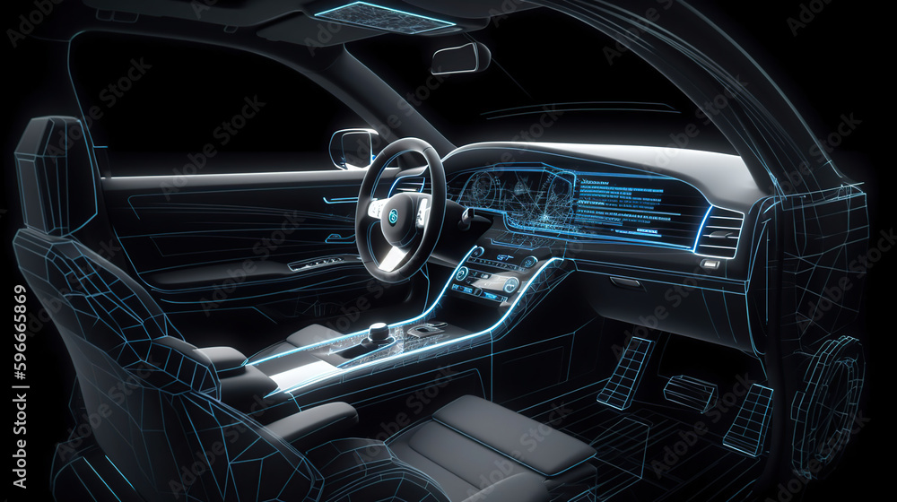 Wireframe of modern car with hi tech user interface details in dark ...