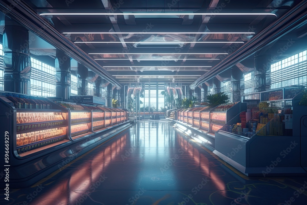 future of grocery shopping with a modern supermarket interior, equipped ...