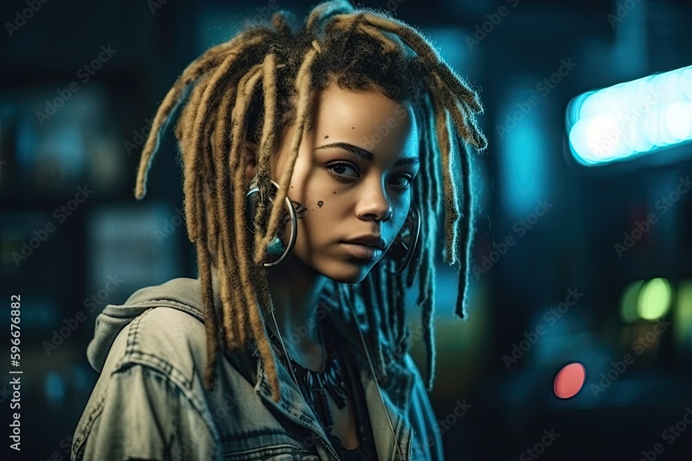 A portrait of a cute girl with dreadlocks in a cyberpunk style depicts ...