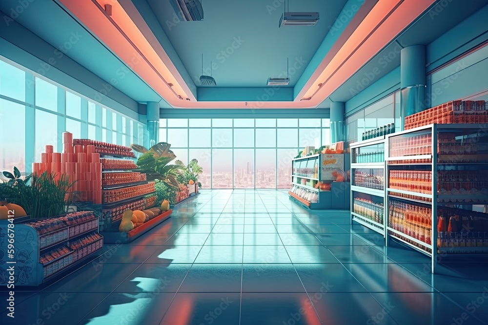 future of grocery shopping with a modern supermarket interior, equipped ...