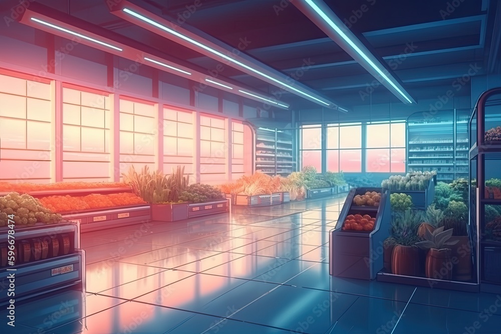 future of grocery shopping with a modern supermarket interior, equipped ...