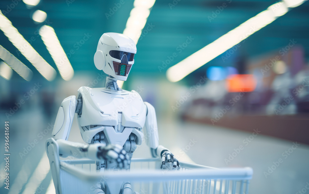 AI humanoid robot with a shopping trolley is shopping at a store ...
