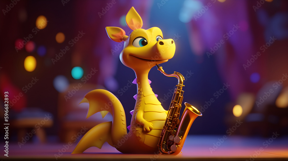 yellow green Happy smiling cartoon dragon plays the saxophone. pixart ...