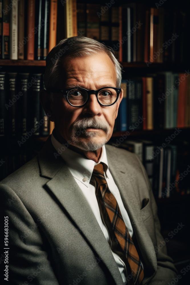 Eloquent portrait of a 65-year-old professor, his glasses resting on ...