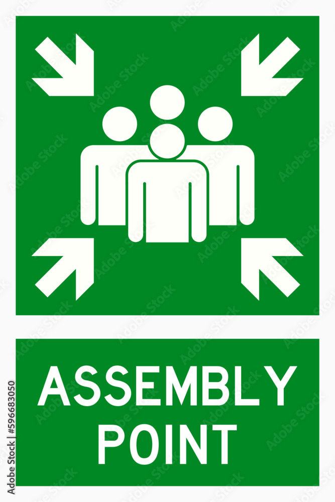 isolated emergency exit, assembly point fire safety symbols on green ...