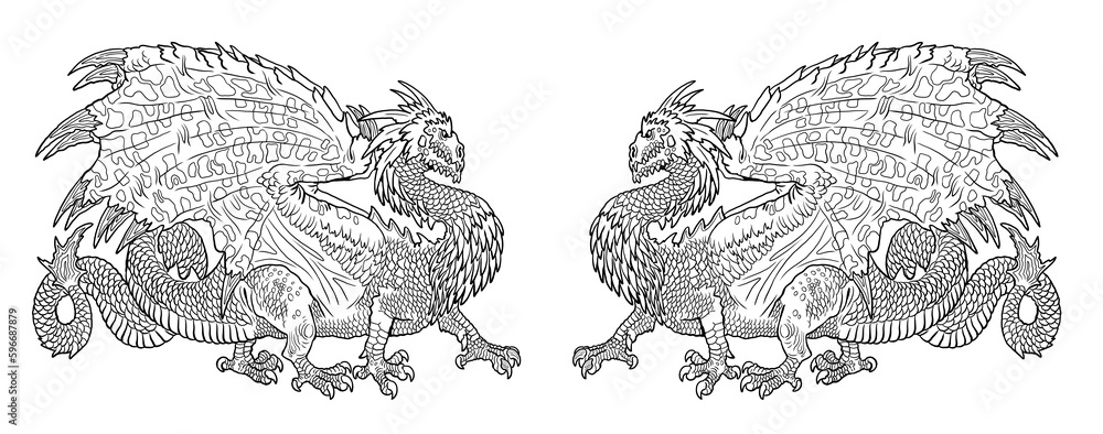 Dragon coloring page. Fantasy illustration with mythical creature ...